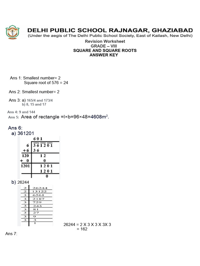 SQUARE_AND_SQUARE_ROOTS_ANSWER_KEY | PDF