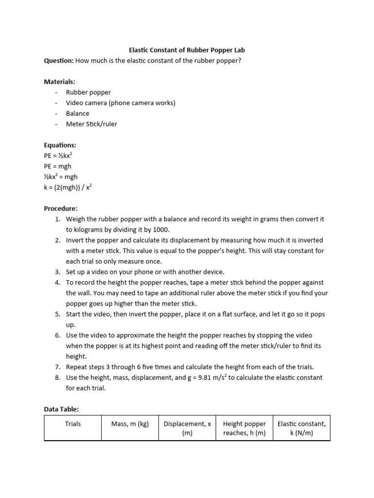 Elastic Constant of Rubber Popper Lab-1 | PDF | Potential Energy | Metre