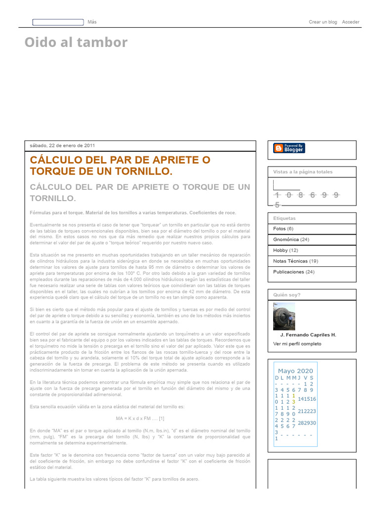 CÁLCULO DEL PAR DE APRIETE DE UN TORNILLO | PDF | Tornillo | Estrés (Mecánica)