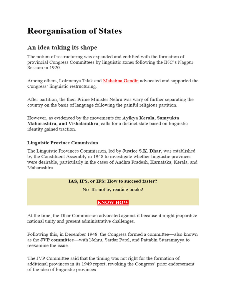 Re Organisation of States | PDF | Politics Of India | Government Of India
