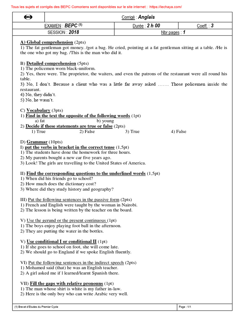 Stock LesPdf Examens BEPC Comores Corr 2018 Comores Corr Anglais BEPC 2018 | PDF | Languages ...