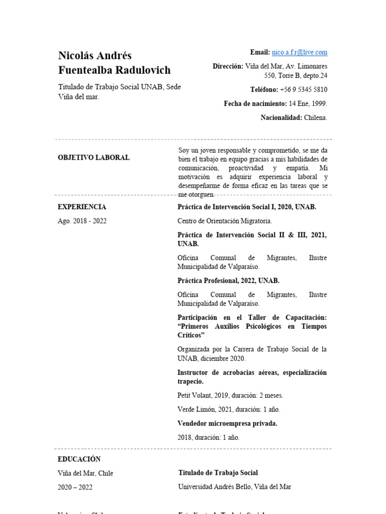 Curriculum Nicolás Fuentealba Con Foto | PDF