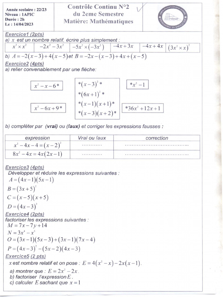 AIS 1APIC 2223 S2 C2 Maths | PDF