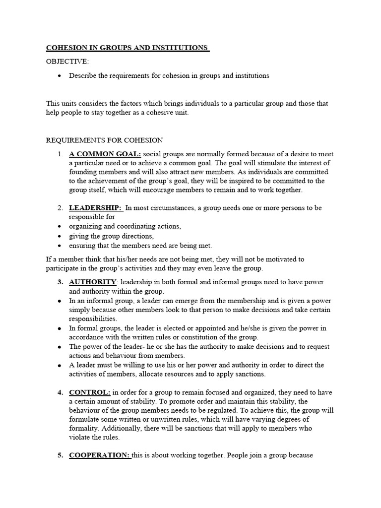 Cohesion in Groups and Institutions | PDF | Leadership | Goal