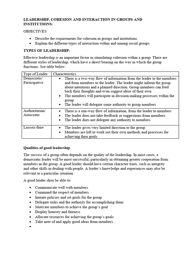 Leadership and Group Cohesion Insights | PDF | Leadership | Goal