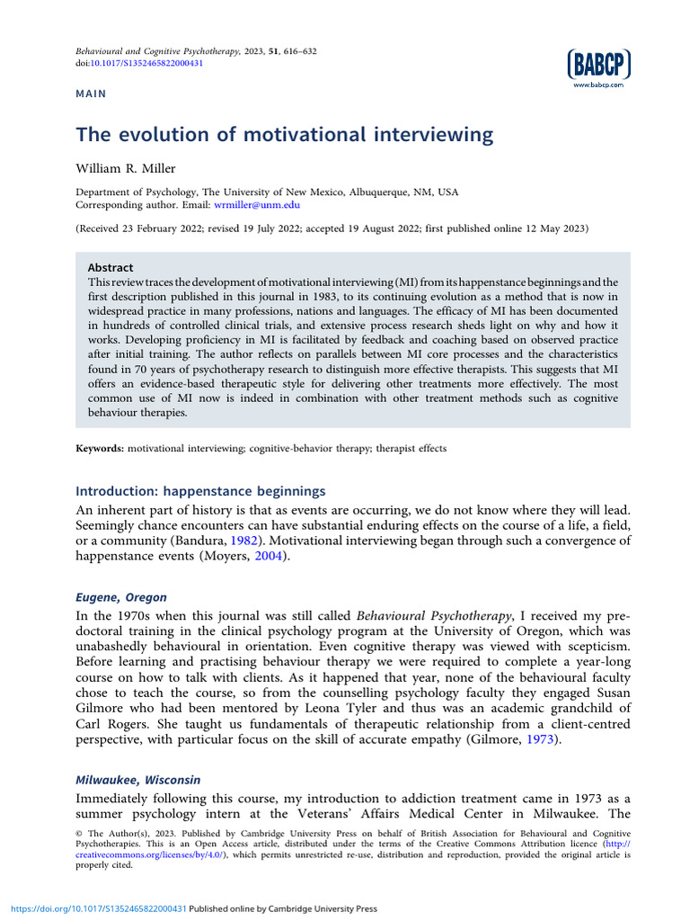 the-evolution-of-motivational-interviewing | PDF | Psychotherapy | Cognitive Behavioral Therapy