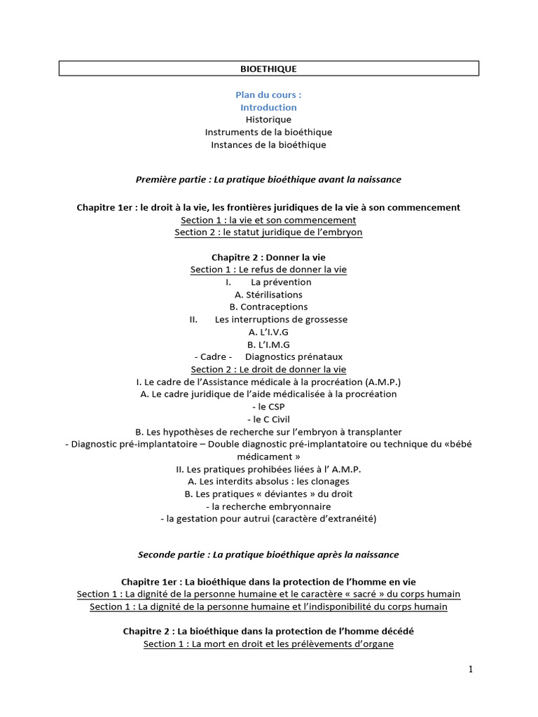 BIOETHIQUE Cours | PDF | Bioéthique | Convention européenne des droits ...