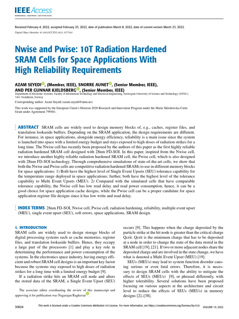 Nwise and Pwise 10T Radiation Hardened SRAM Cells For Space Applications With High Reliability ...