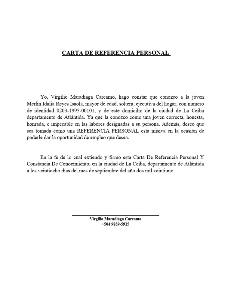Ejemplo de Carta de Referencia Personal | PDF