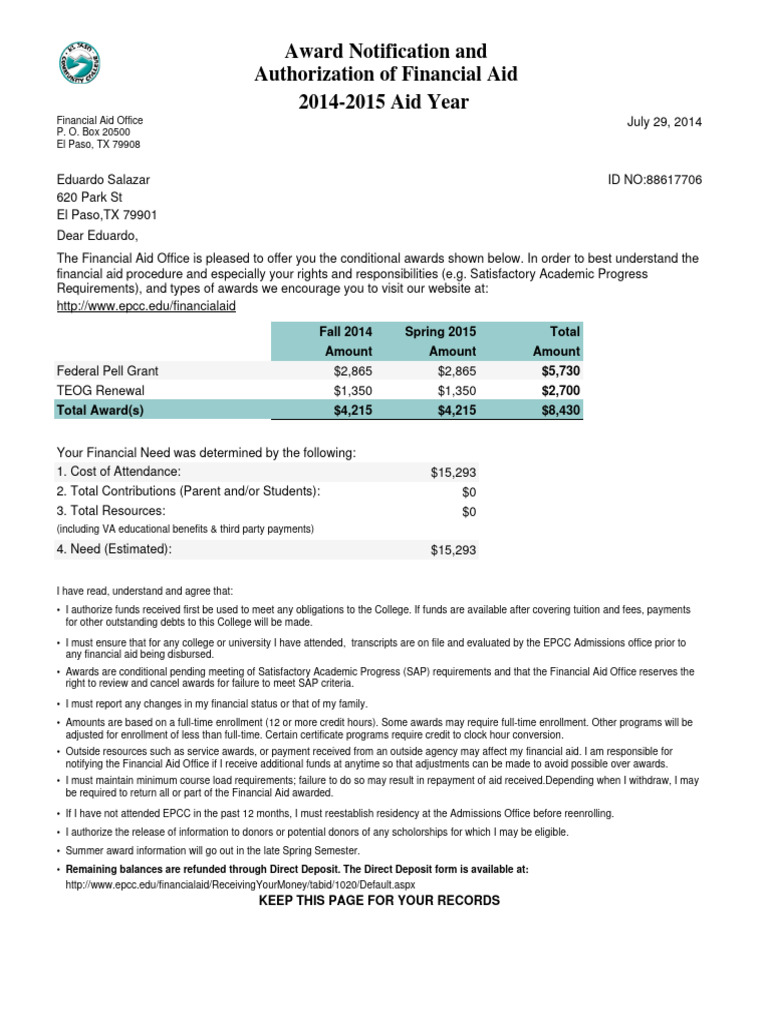 Award Letter | PDF | Student Financial Aid In The United States | Economies