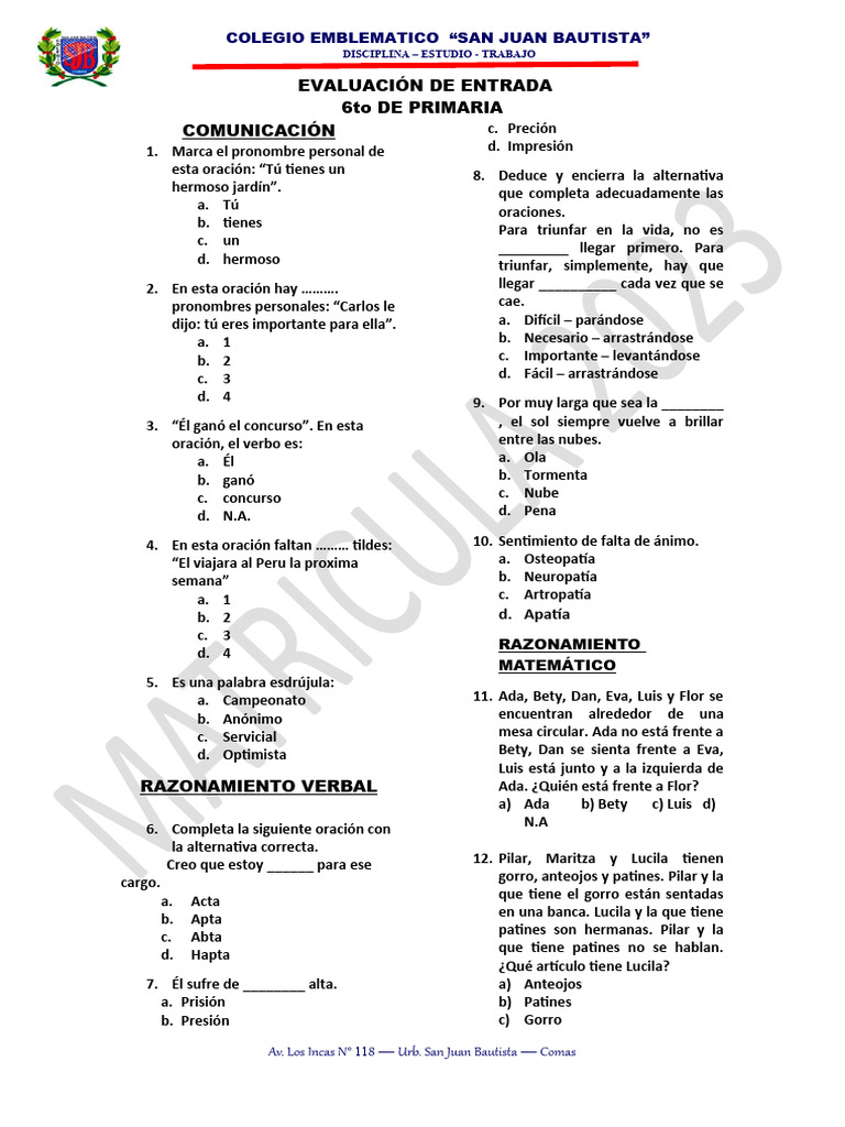 Evaluación de Entrada 6to de Primaria Comunicación: Colegio Emblematico ...