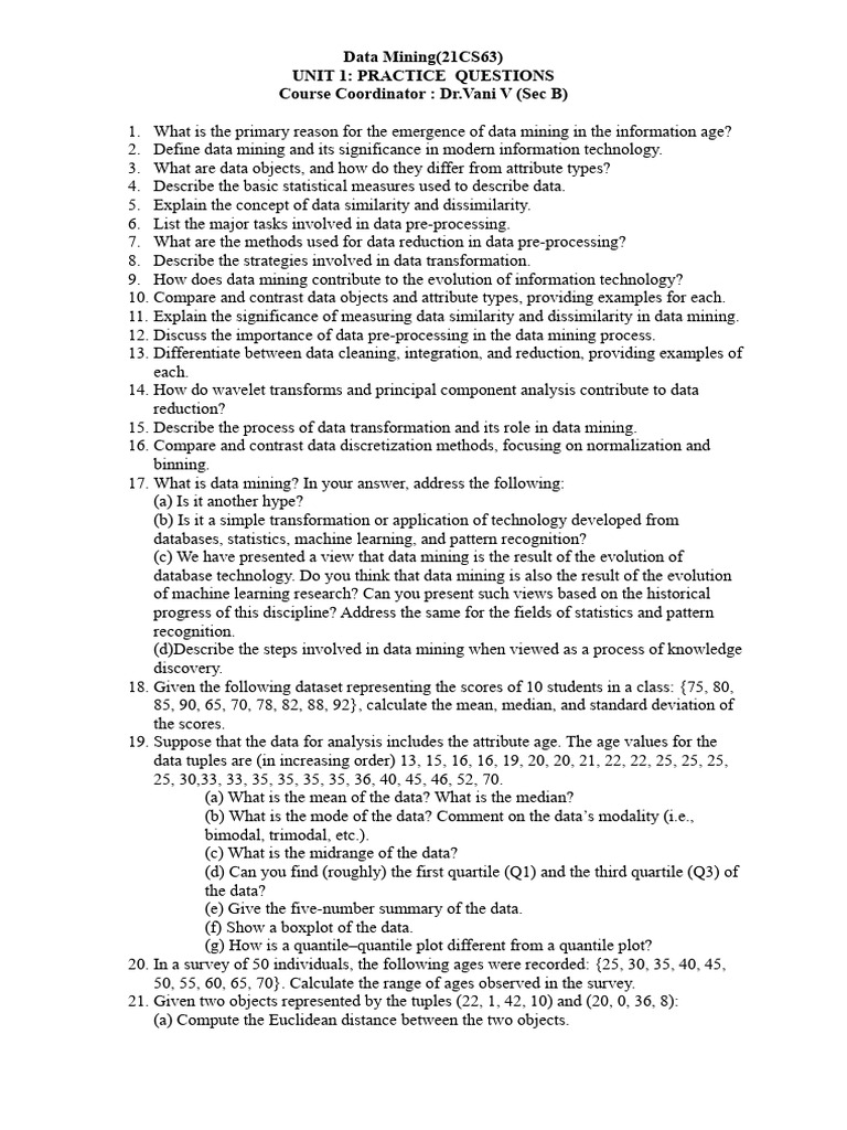 21CS63 - Unit1 Practice Questions | PDF | Data Mining | Data