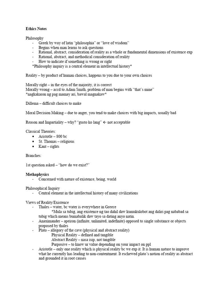 Ethics Notes | PDF | Reason | Knowledge