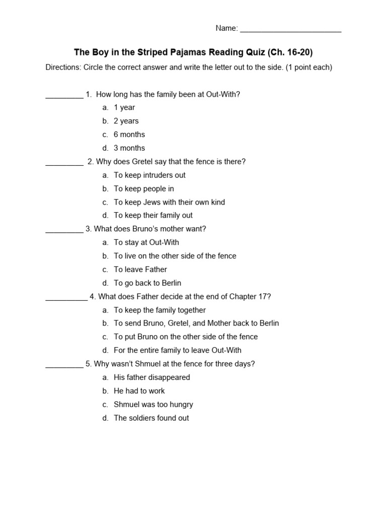 The Boy in The Striped Pajamas Reading Quiz (Ch. 16-20) | PDF