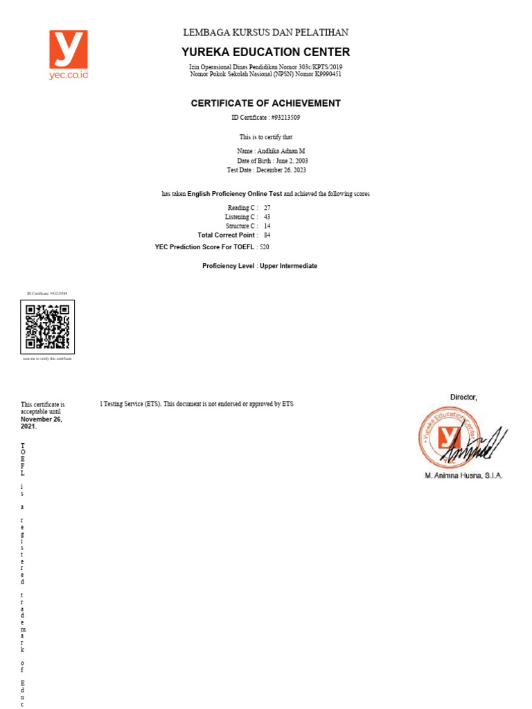 Toefl Certificate | Download Free PDF | Qr Code | Test Of English As A ...