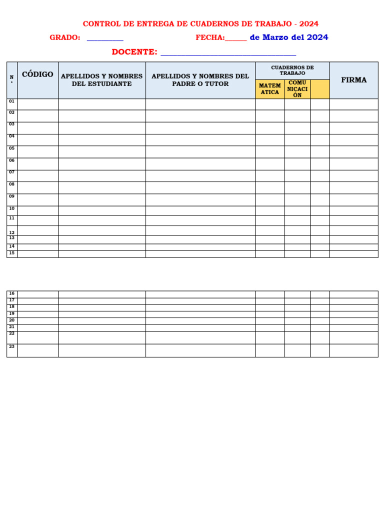 Control de Entrega de Cuadernos de Trabajo | PDF