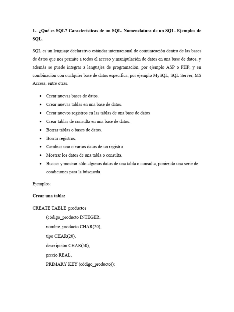 Que Es SQL Caracteristicas de Un SQL Nomenclatura de Un SQL Ejemplos de SQL | PDF | SQL | Bases ...