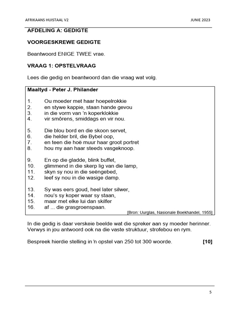 AFR Graad 12 Junie 2023 Gedigte | PDF