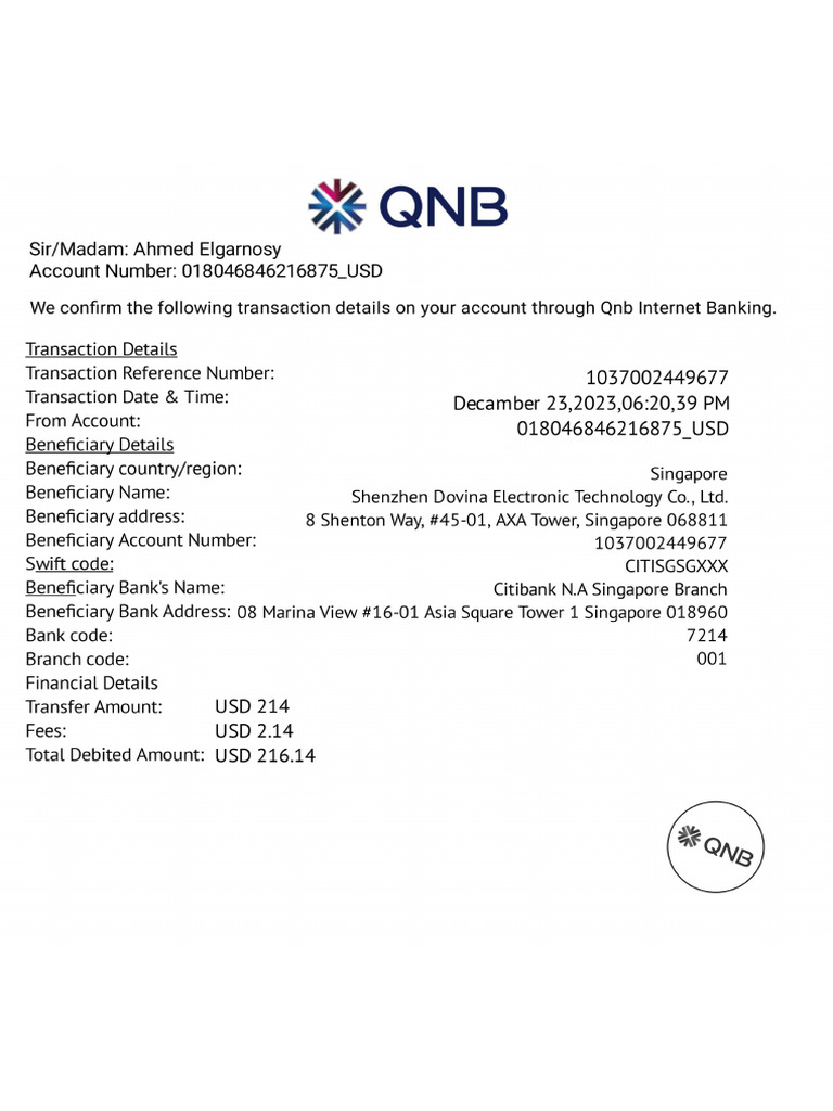 QNB Bank Transfer. | PDF