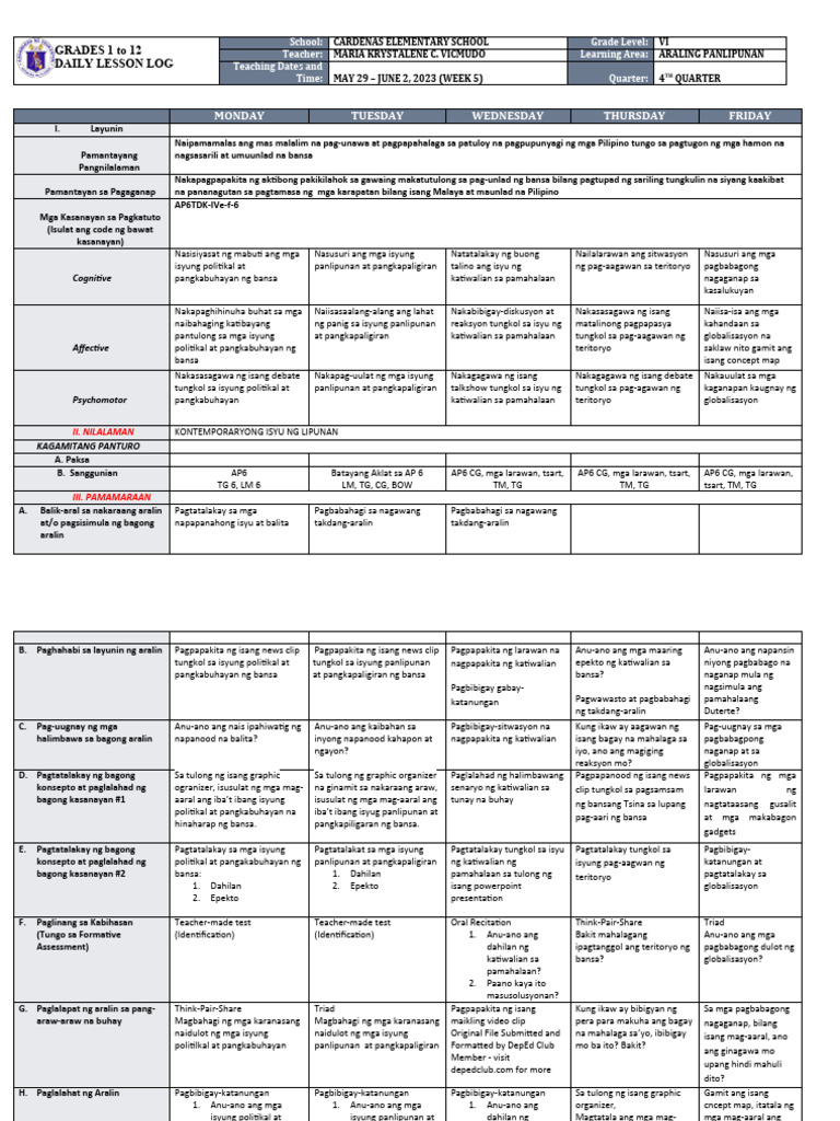 DLL - Araling Panlipunan 6 - Q4 - W5 | PDF