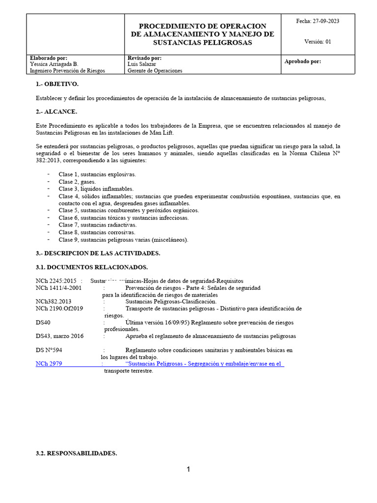 Procedimiento de Operación de Almacenamiento de Sustancias Peligrosas | PDF | Tecnología