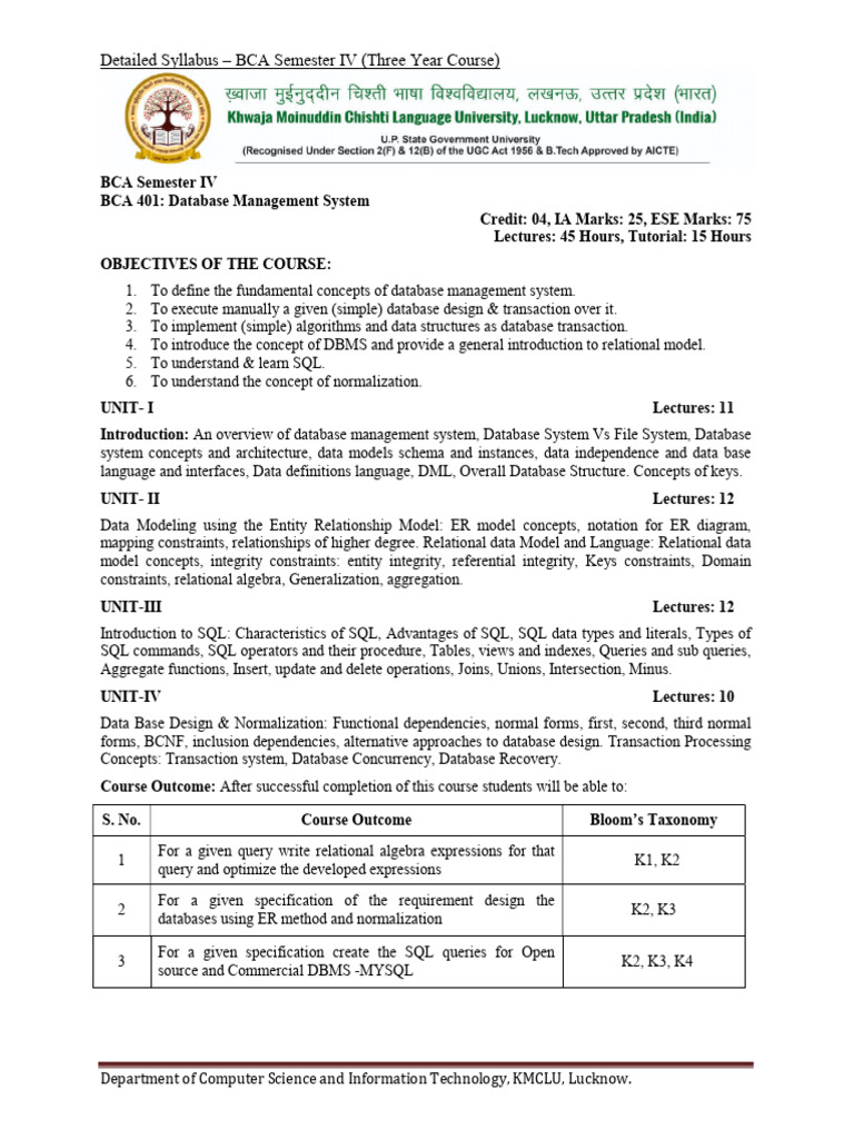 BCA Syllabus SemIV 2023 24 KMCLU | PDF | Relational Database | Databases BCA Syllabus SemIV 2023 24 KMCLU | PDF | Relational Database | Databases