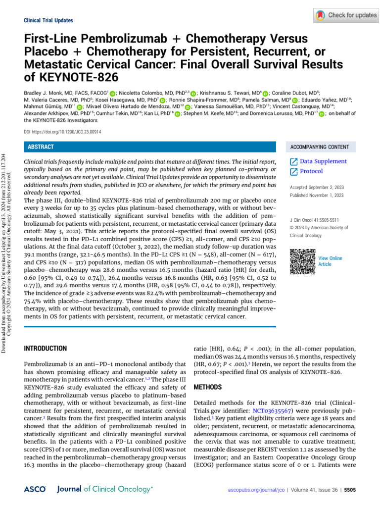 First-Line Pembrolizumab + Chemotherapy Versus Placebo + Chemotherapy For Persistent, Recurrent ...