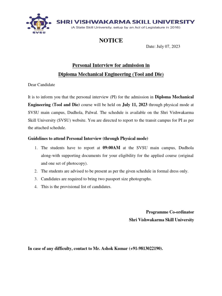 Personal Interview Notice For Diploma Mechanical Engineering | PDF