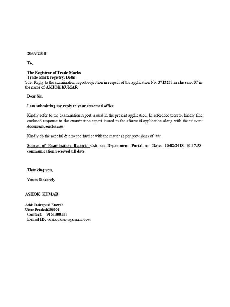 Reply to Trademark Examination Report | PDF | Trademark | Justice