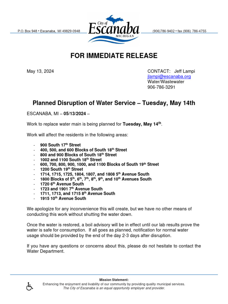 Press Release - Planned Distruption of Water - S 18th ST - 5-13-24 | PDF