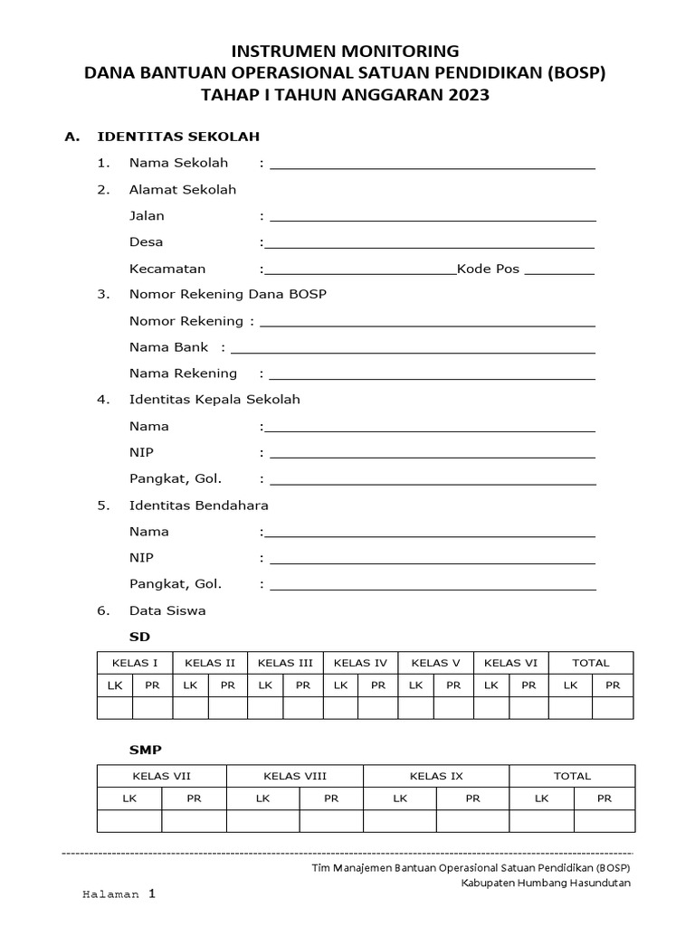 Instrumen Monitoring BOSP Tahap I - 2023 | PDF