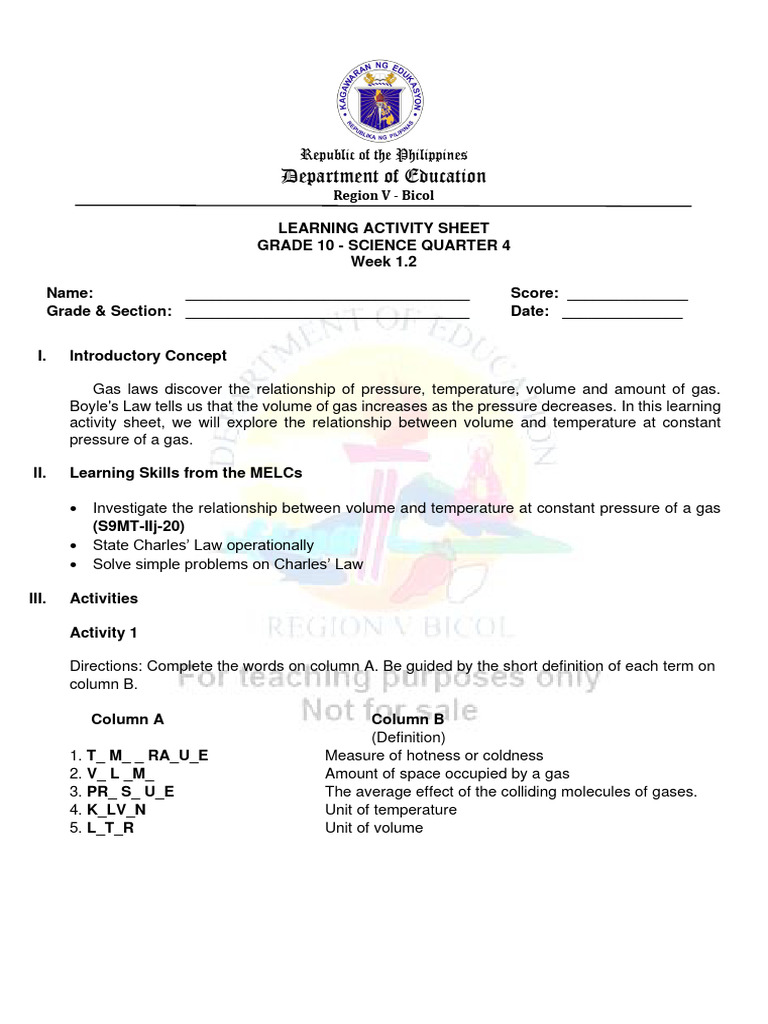 Grade 10 Science: Charles' Law Activities | PDF | Gases | Temperature