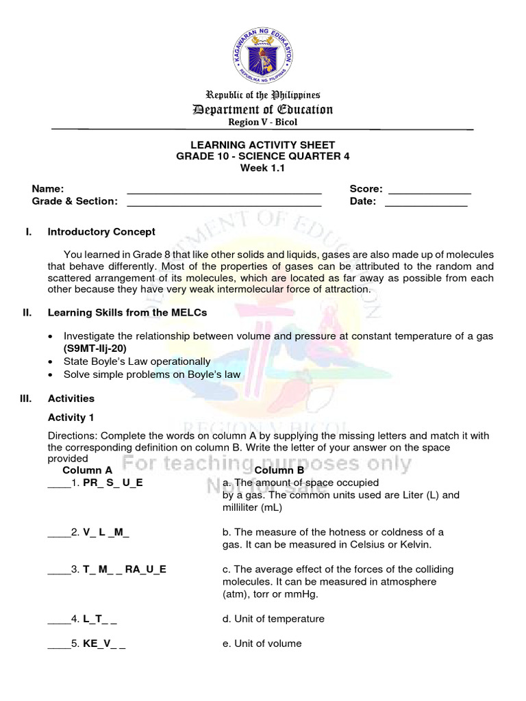 Science 10 Q4 LAS Week 1.1 | PDF | Gases | Statistical Mechanics