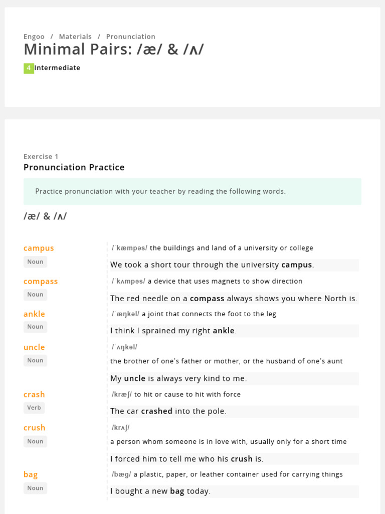 Minimal Pairs - Æ - & - Ʌ - Engoo | PDF | Noun | Compass