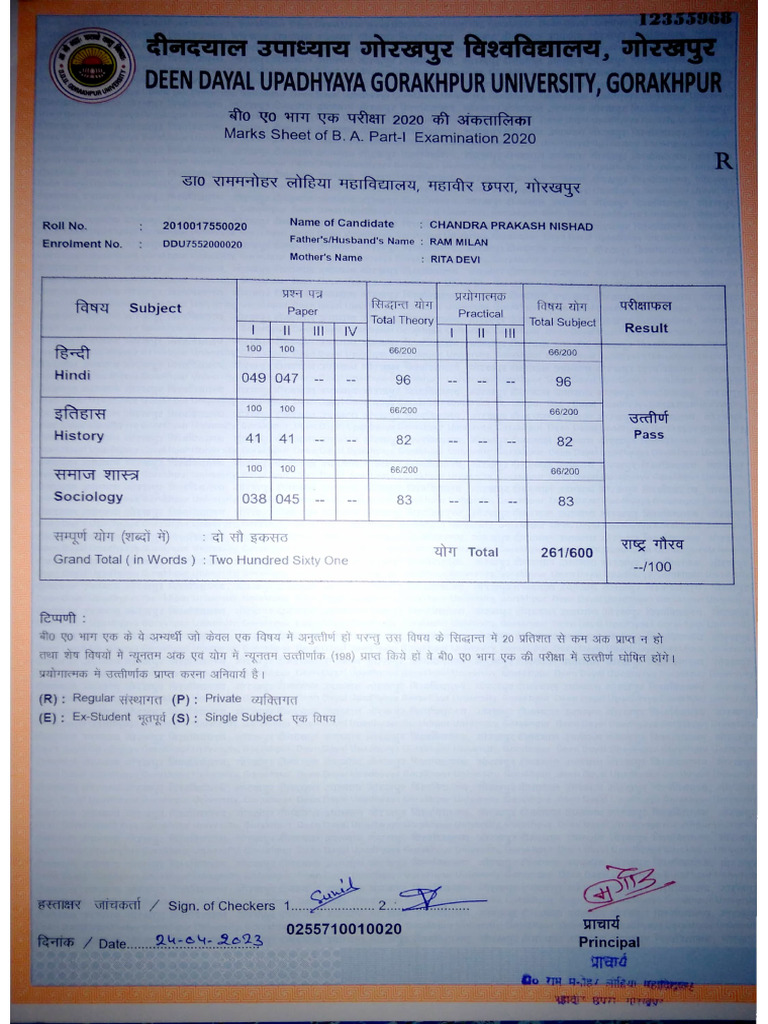 B.A. Part-I Marksheet | PDF