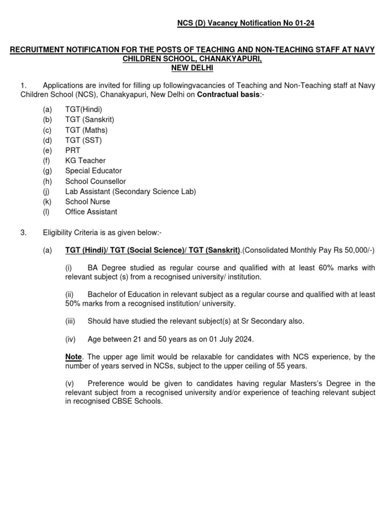 Navy Children School, Chanakyapuri, Delhi Vacancies | PDF | Educational ...