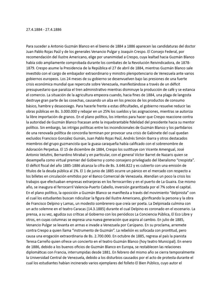 Crisis y Gobierno de Joaquín Crespo (1884-1886) | PDF | Venezuela