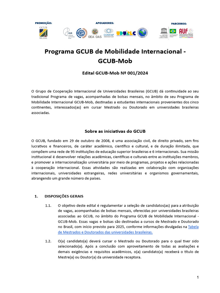Edital GCUB-Mob 2024: Mobilidade Internacional | PDF | Mestrado