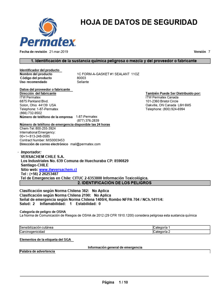 1c Form-A-gasket 1 Sealant Chile 80003 | PDF | Etanol | Agua