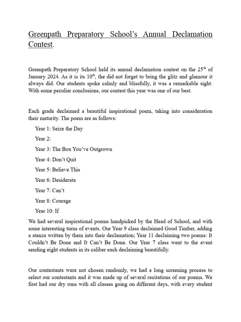 Greenpath Preparatory School Declamation Contest | PDF