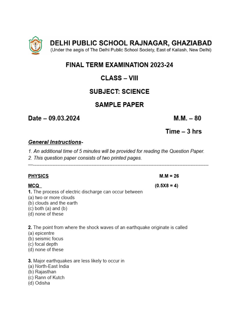 Class VIII Science Sample Exam 2023-24 | PDF | Deforestation | Eye
