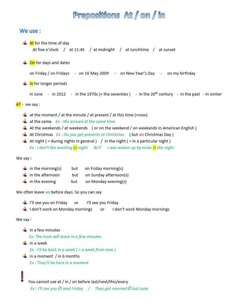 Prepositions at in On | PDF