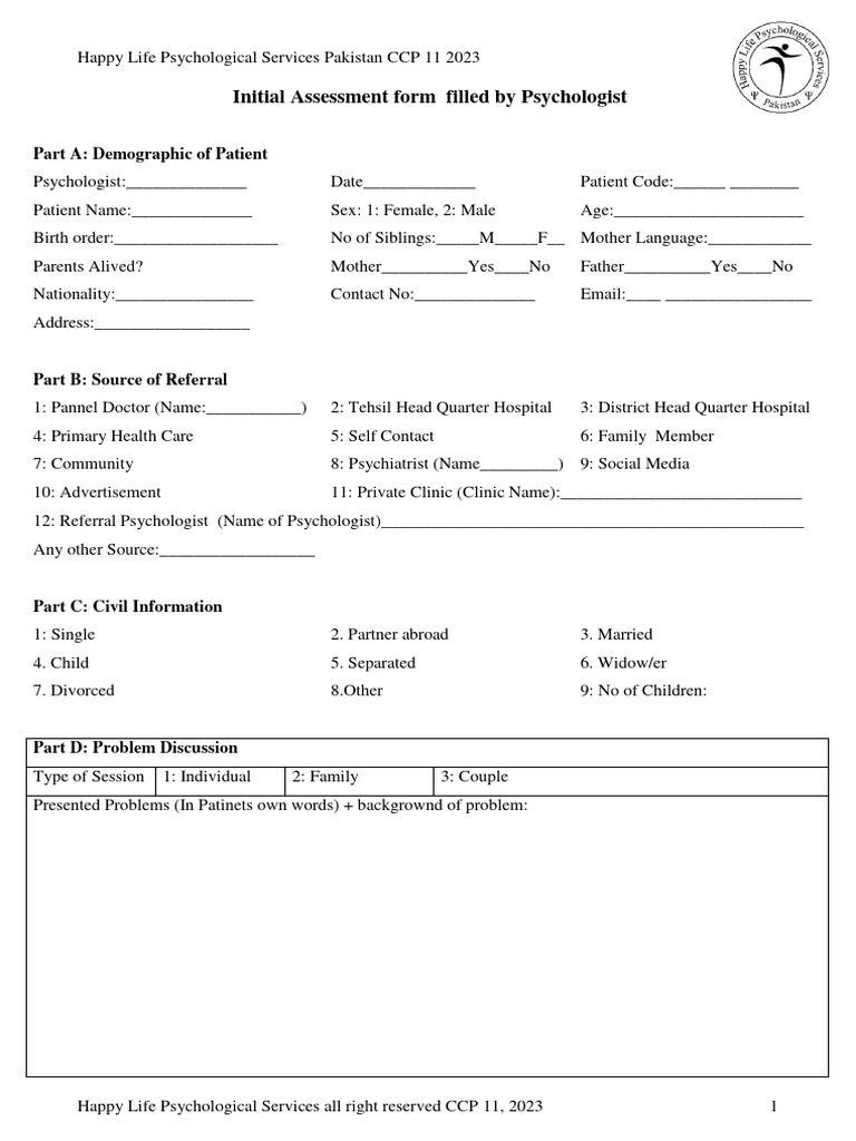 Sample Case History Form | PDF | Psychotherapy | Mental Disorder
