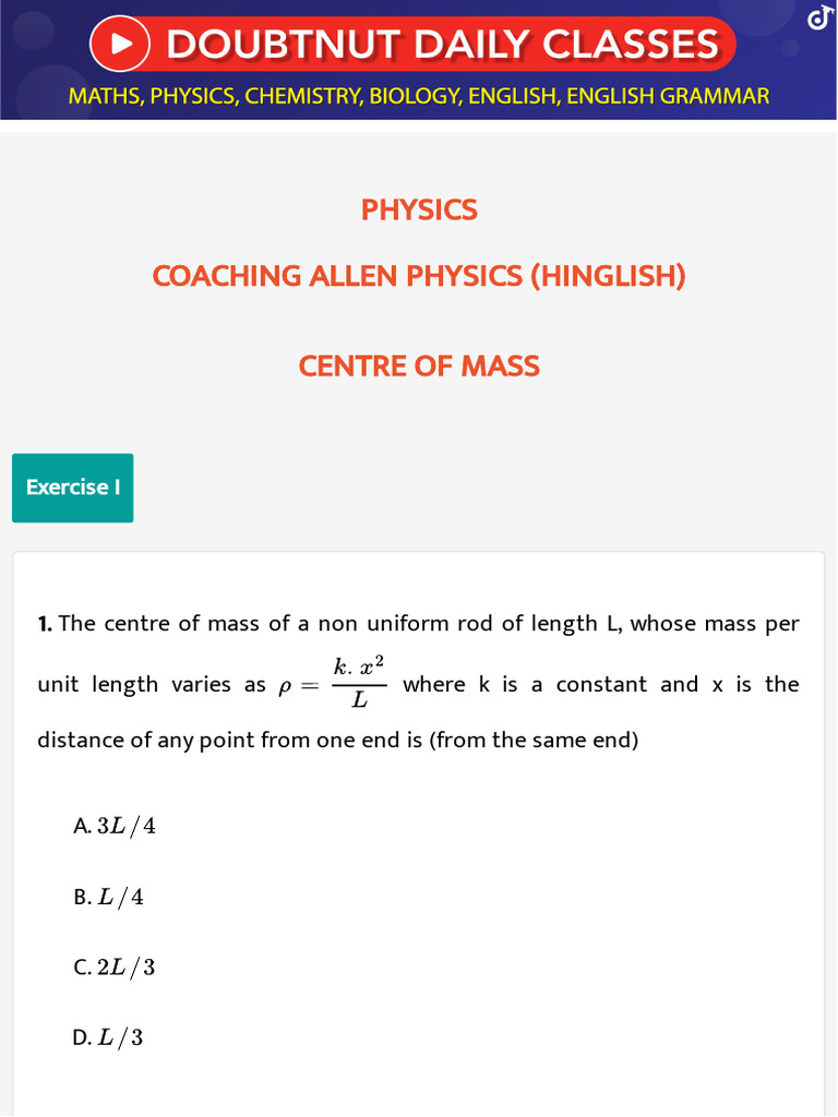 Centre of Mass Physics Exercises | PDF | Collision | Momentum