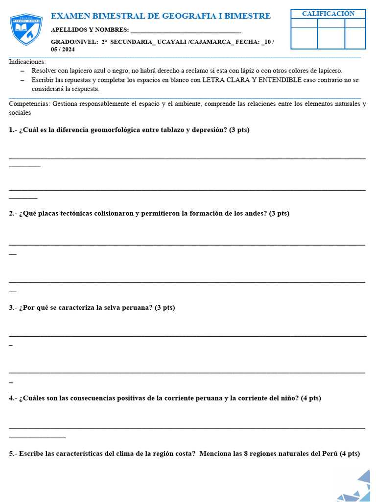 Examen de Geografía 2° Secundaria | PDF | Ciencias Naturales | Ciencias ...
