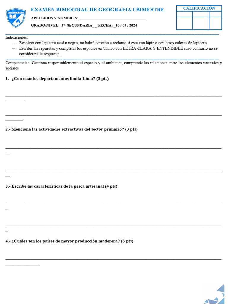 Exámenes de Geografia 3ro Secundaria | PDF
