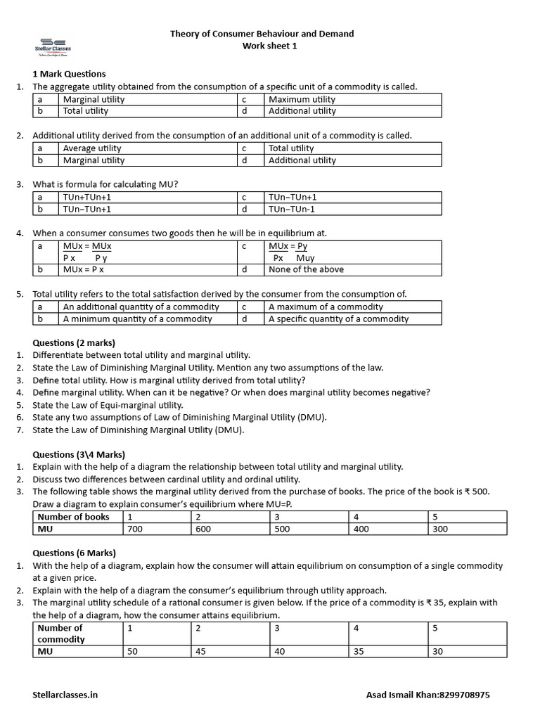 Theory of Consumer Behaviour Ws 1 | PDF | Utility | Marginal Utility