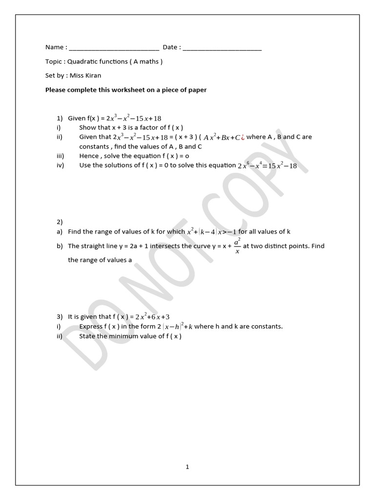 Quadratic Functions Ws (Done) | PDF | Quadratic Equation | Equations