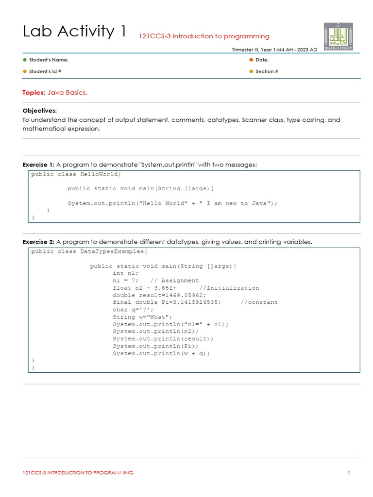 121CCS Lab 1 Basics 1 2 | PDF | Software Development | Computer Science