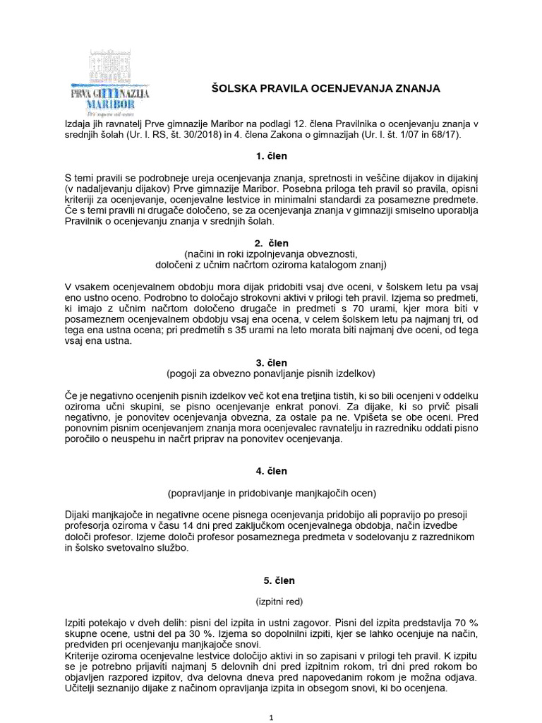 Solska Pravila Ocenjevanja Znanja - 2023 24 | PDF